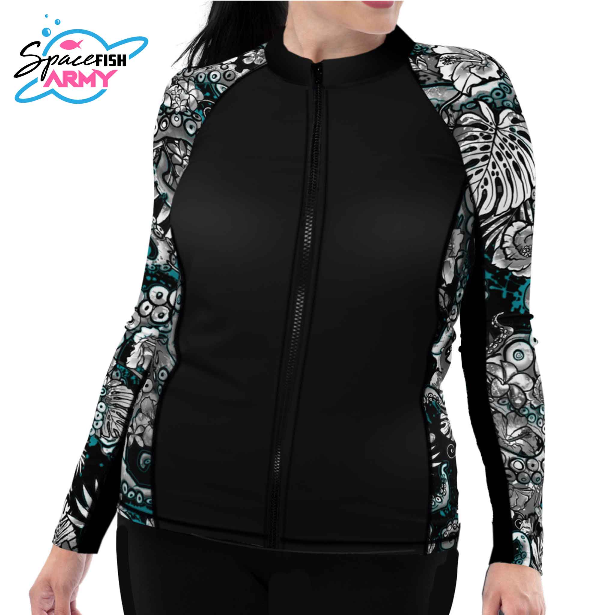 Spacefish Army Plus Size Full-Zip Electric Blue Octofloral Rash Guard | Dive Gear Australia